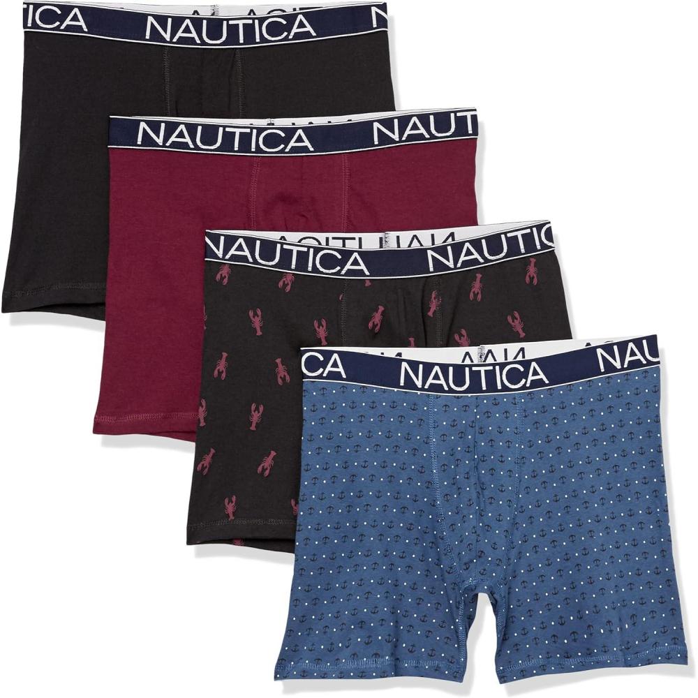 Nautica mens Cotton Stretch 4 Pack Boxer Brief(Black/Tawny Port/Ensign ...