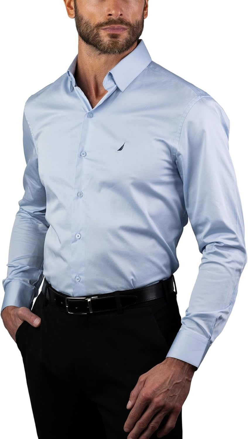 NAUTICA Slim Fit 100% Cotton Mens Dress Shirts Long Sleeve Wrinkle ...